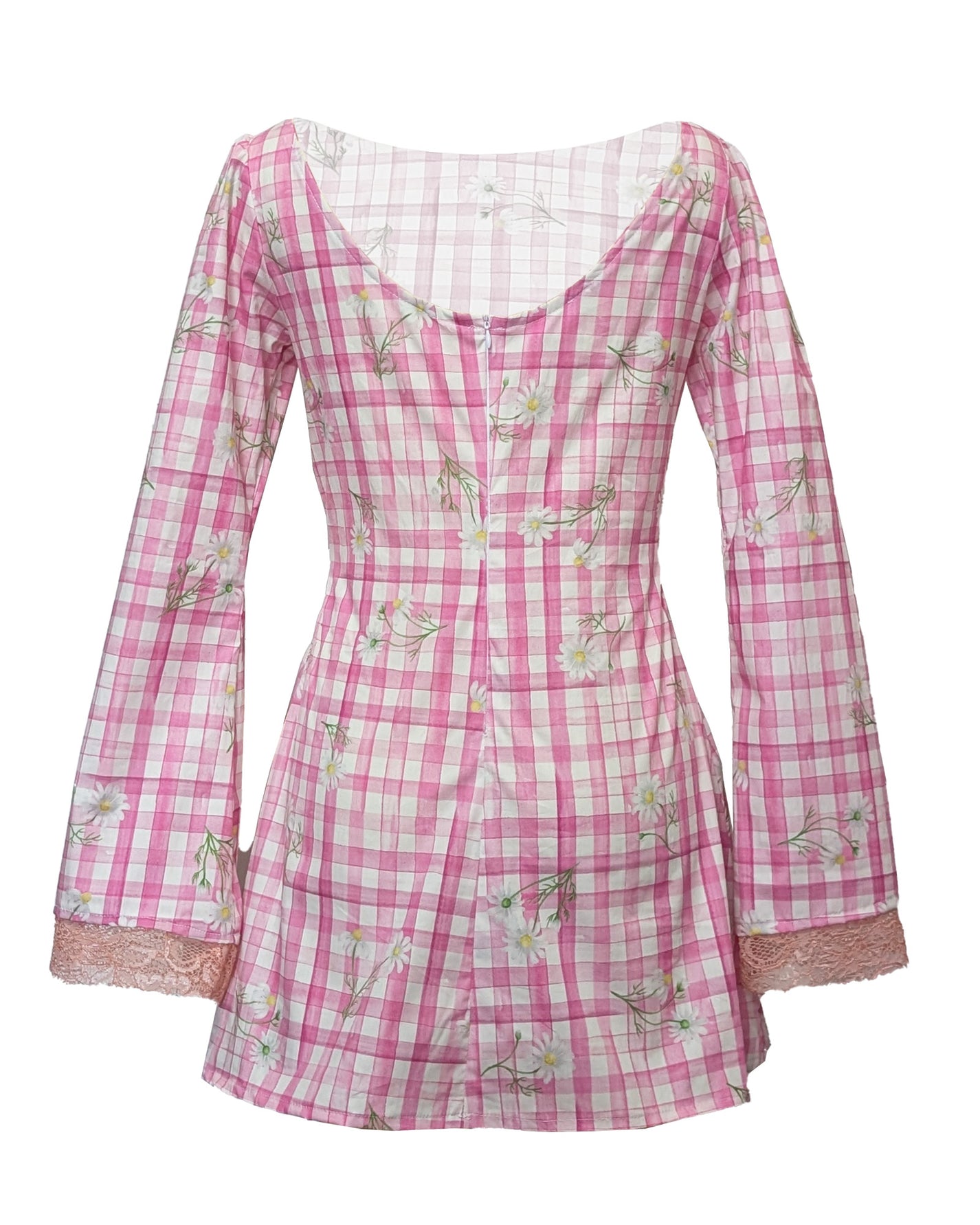Pearl Pink Gingham Mini Dress – Romantic A-Line Dress with Lace Cuffs